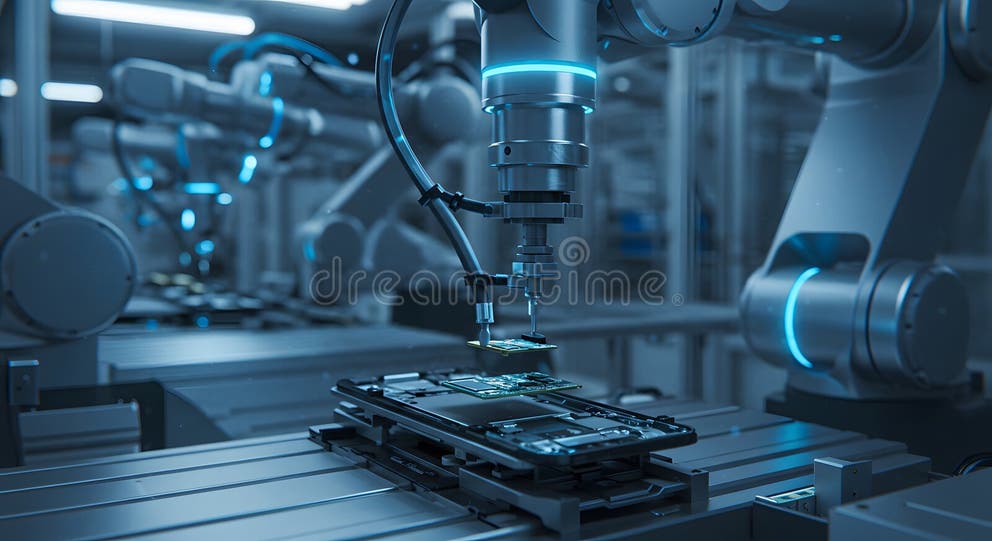Automated Robotic Arm Assembling Smartphone Circuit Board Stock Image ...