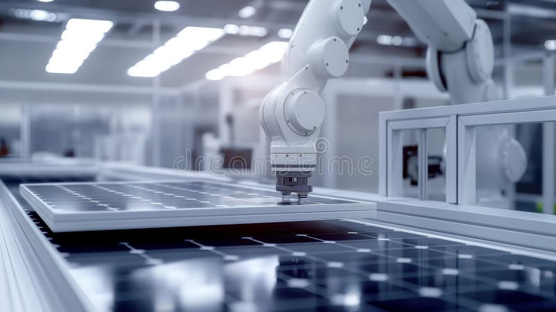 Industrial Robot Arm Working on Solar Panel Assembly Stock Photo ...
