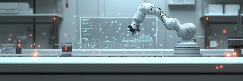 Automated Robotic Arm on Futuristic Lighted Surface Stock Illustration ...