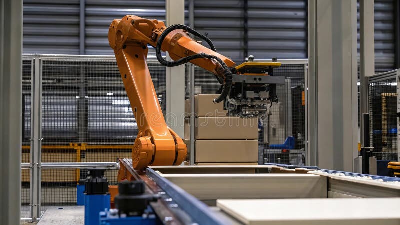 Automated Robotic Arm in Industrial Setting, Efficiently Stacking Boxes ...