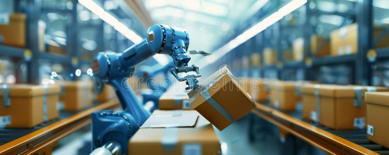 Automated Robotic Arm Packing Boxes in a Modern Warehouse Stock Image ...