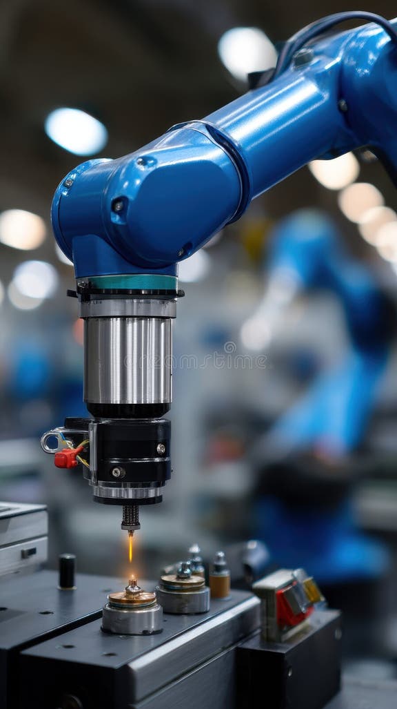 Automated Robotic Arm Performing a Task with a Bright, Visible Arc in a ...