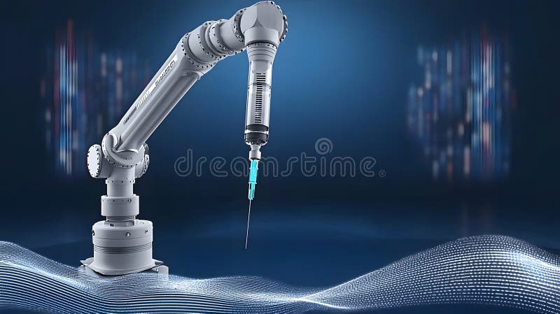 Automated Robotic Arm with Syringe in Futuristic Setting Stock ...
