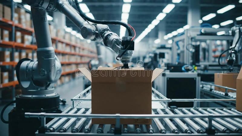 Automated Robotic Arm System Sorting and Packaging Boxes on a Conveyor ...
