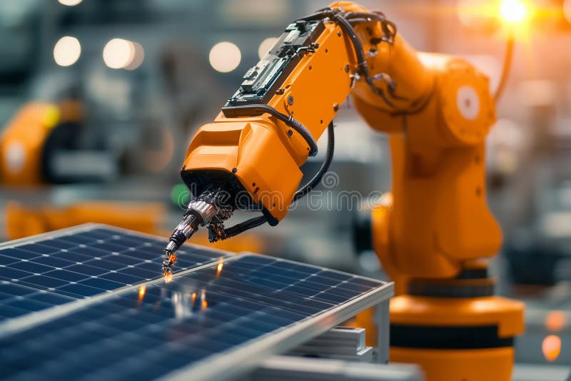 Automated Robotic Arm Working on Solar Panel Production in Factory ...