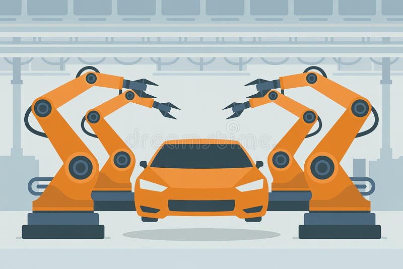 Automated Robotic Arms Assembling a Modern Car in a High-tech Factory ...
