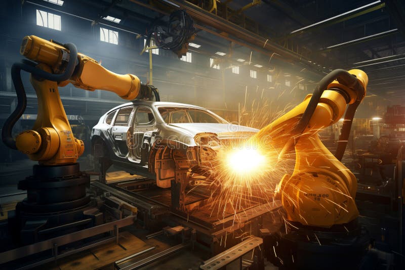 Automated Robotic Arms Line Welding Assembly Car Working at Futuristic ... Automated Robotic Arms Line Welding Assembly Car Working at Futuristic ...