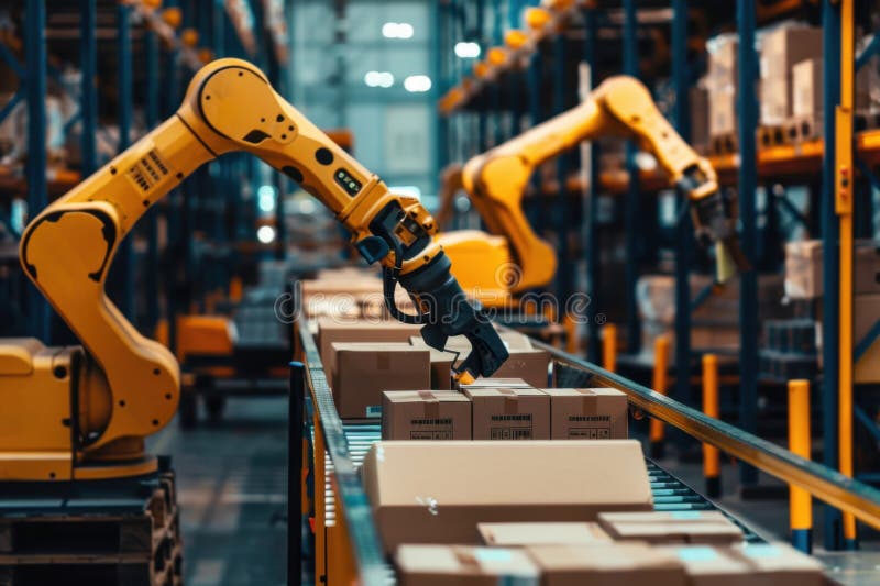 Automated Robotic Arms Sort Boxes in a Warehouse Stock Illustration ...