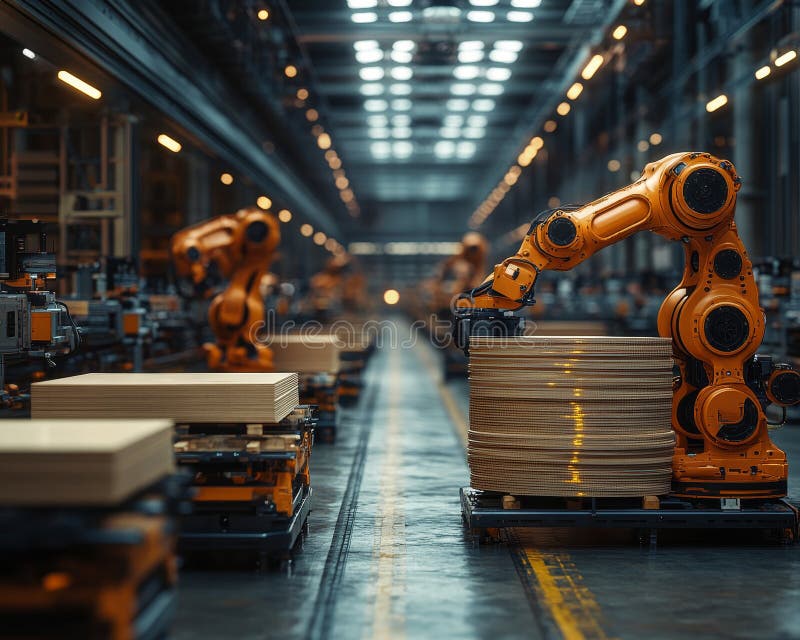 Automated Robotic Arms Stacking Sheets in Warehouse Stock Illustration ...