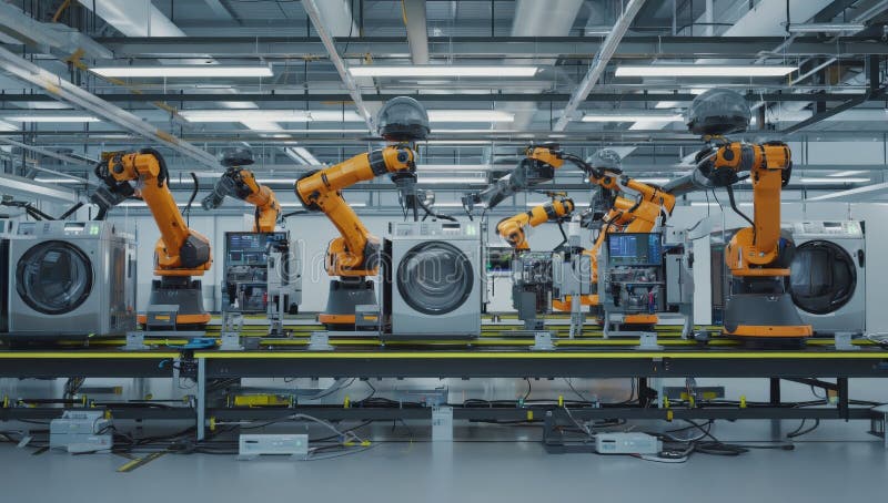 Robotic Arms Assembling Washing Machines on Production Line in Factory ...