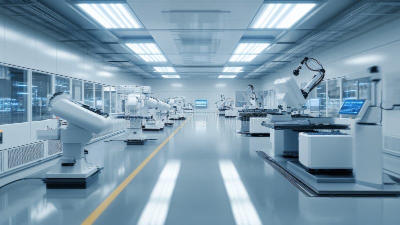 Automated Robotic Assembly Line in a Clean Room Factory Stock ...