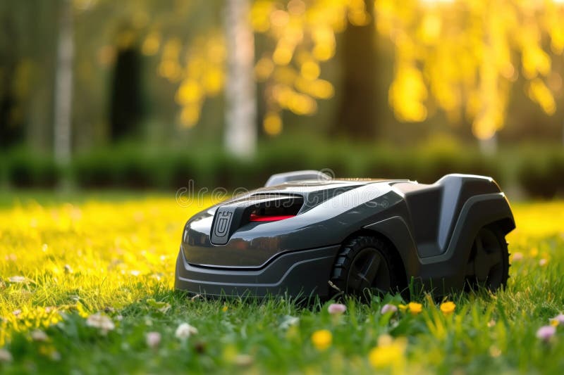 Automated Robotic Lawn Mower in Action on a Sunny Day. Stock Photo ...