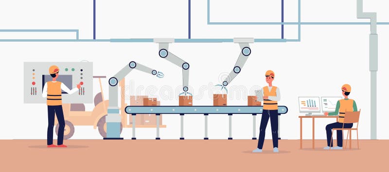 Automated Robotic Line with Warehouse Workers Flat Vector Illustration ...