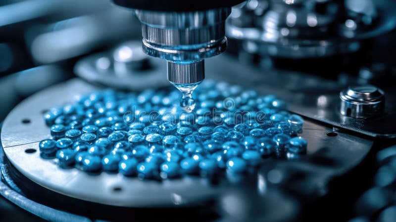 Automated Robotic Machine Dispensing Blue Liquid on Assembly Line Stock ...