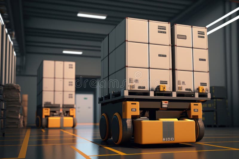 Automated Robotics Delivering Cardboard Boxes in Warehouse ...