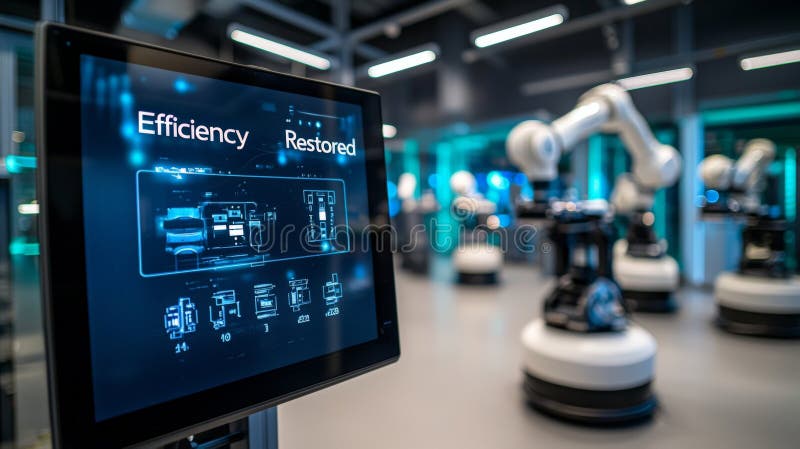 Automated Robotics in Futuristic Factory with Efficiency Display Screen ...