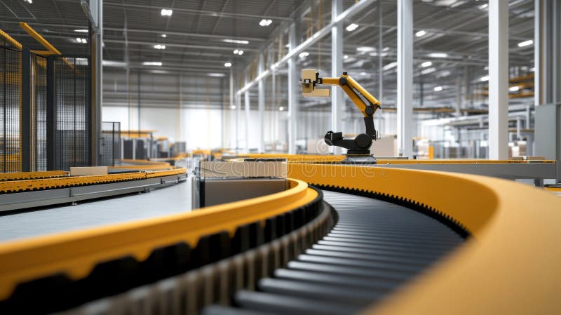 Automated Robotics in Modern Industrial Factory Setting. Conveyor Belt ...