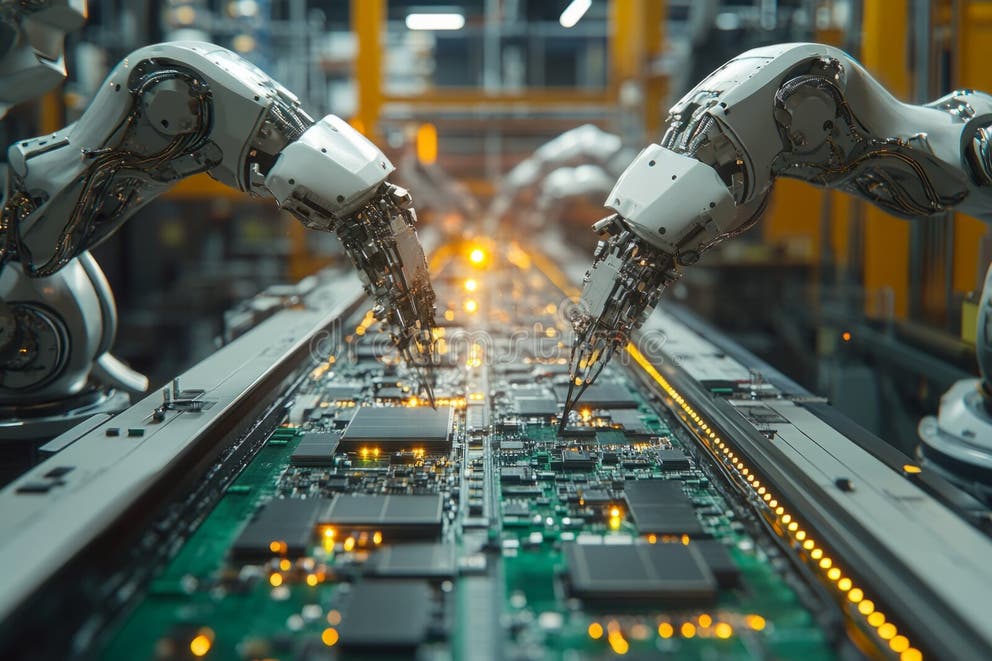 Automated Robots Assembling Electronic Circuits On A Production Line