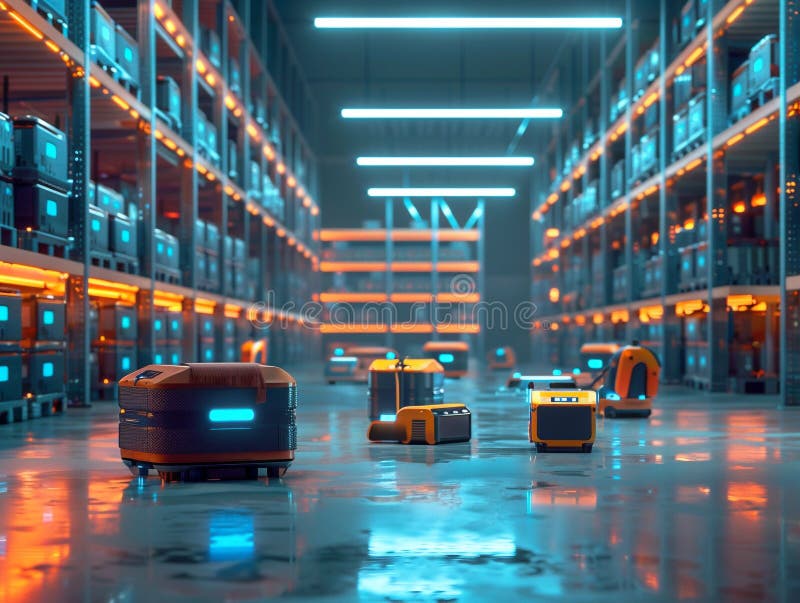 Autonomous Robots in a Modern Warehouse Stock Illustration ...