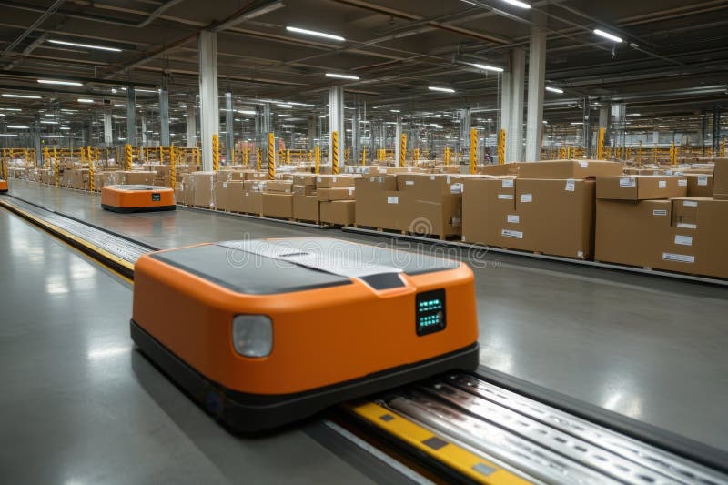 Automated Robots Moving Boxes in Distribution Warehouse Area Stock ...