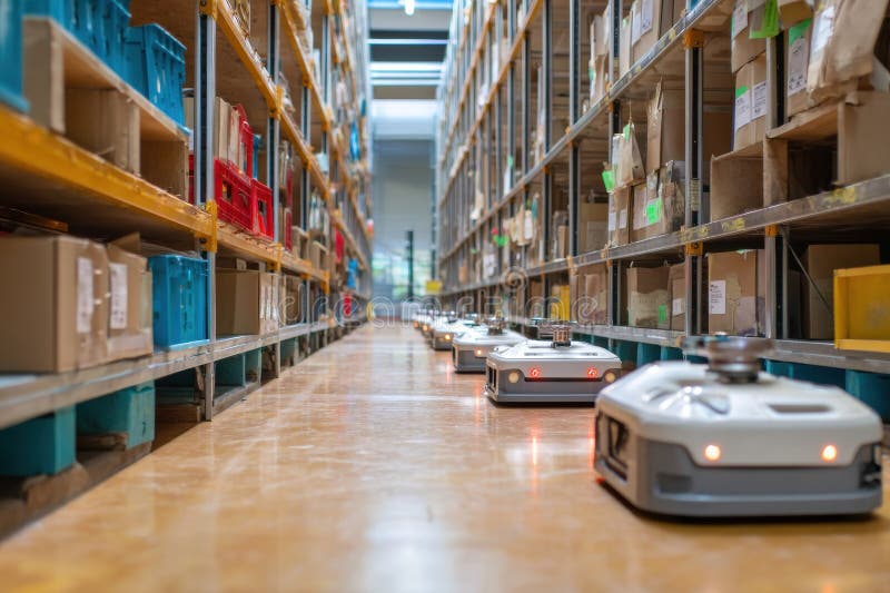 Automated Robots Restock Inventory Busy Warehouse Daytime Operations ...