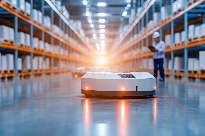 Automated Robots Navigating High Tech Modern Warehouse With Worker In