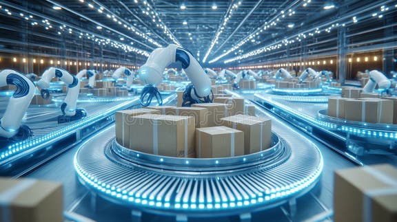 Automated Robots Sorting Packages in High Tech Warehouse Environment, Showcasing Advanced ...