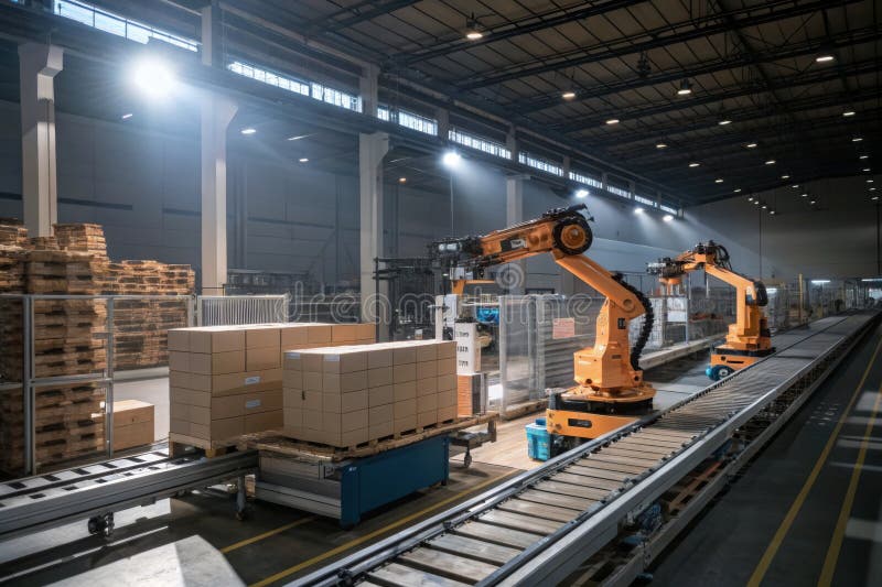 Automated Robots Sorting Packages in a Modern Warehouse during Daytime ...