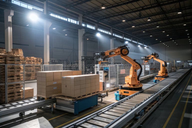 Automated Robots Sorting Packages in a Modern Warehouse during Daytime ...
