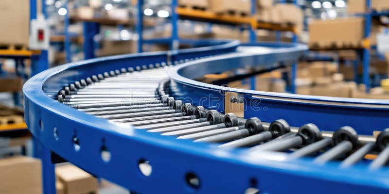 Automated Roller Conveyor System in Warehouse with Metal Rollers Stock ...