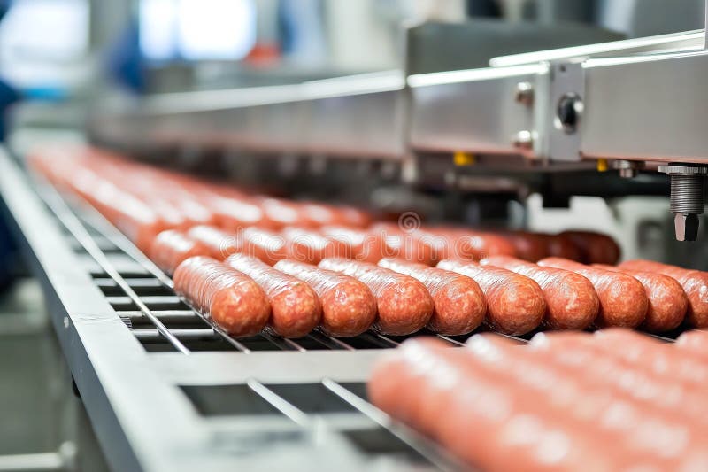 Automated Sausage Production Line - Meat Processing Facility Stock ...