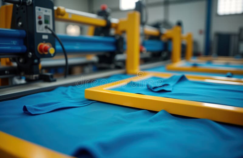 Automated Screen Printing Machine Processes Blue Shirts. Modern Textile ...