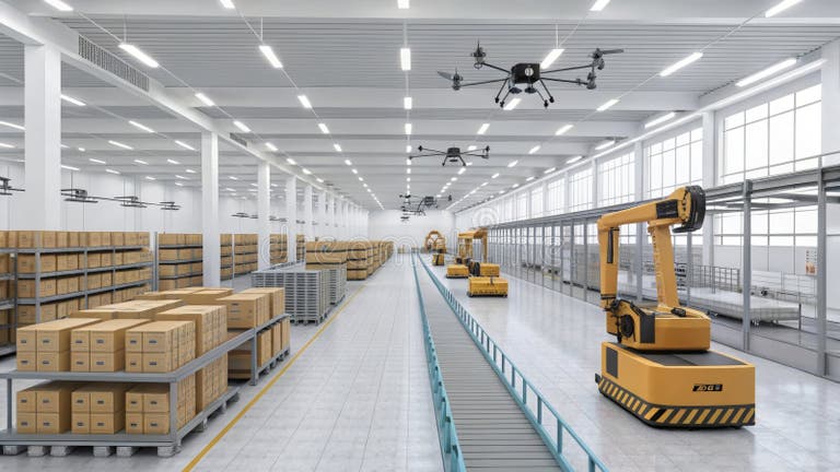 Automated Smart Warehouse with Robots and Drones Stock Illustration ...