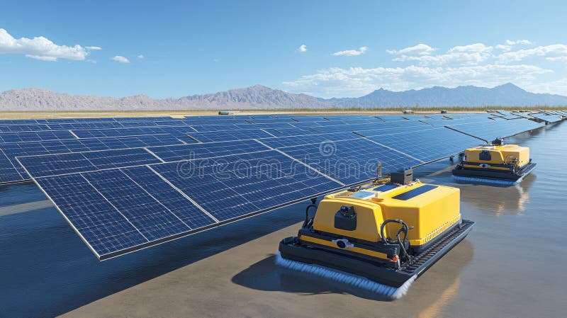 Automated Solar Panel Cleaning Robots in Arid Desert Landscape Stock ...