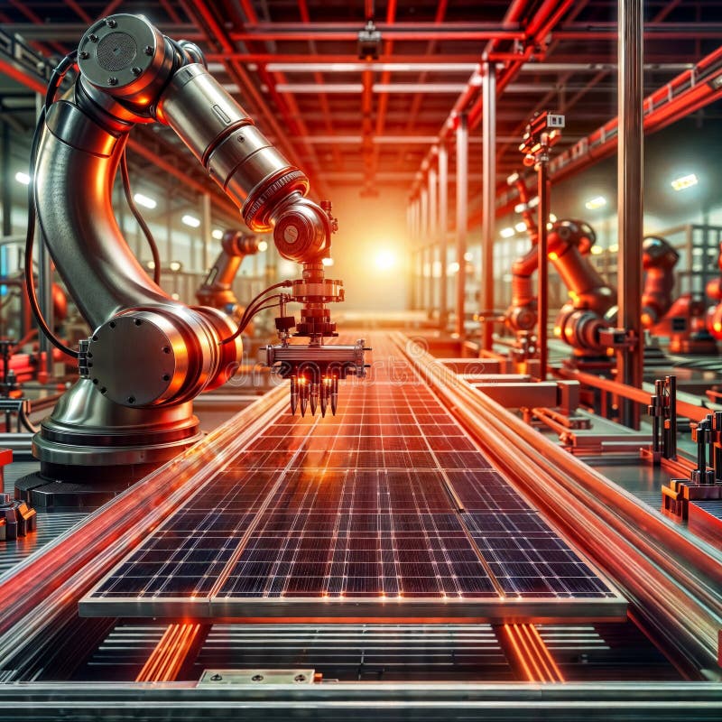 Robotic Arm in Solar Panel Assembly with Warm Glow, Generative Ai Stock ...