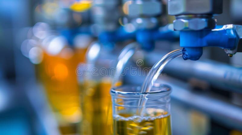 Automated System Pouring Yellow Liquid into Beaker in Lab Stock Image ...