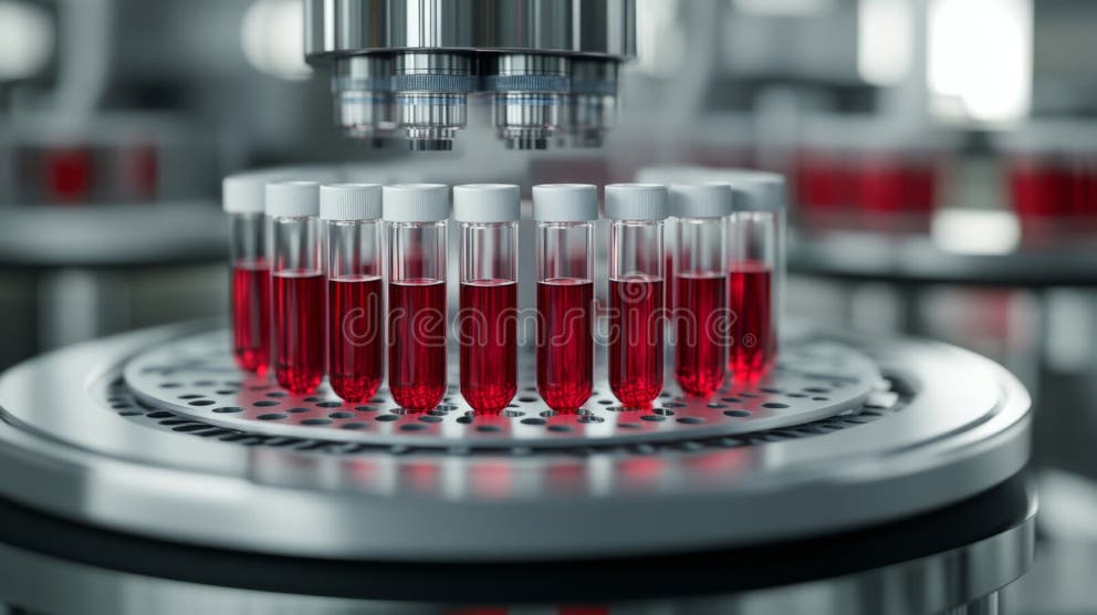 Automated System Processing Red Liquid Samples in Tubes Stock ...
