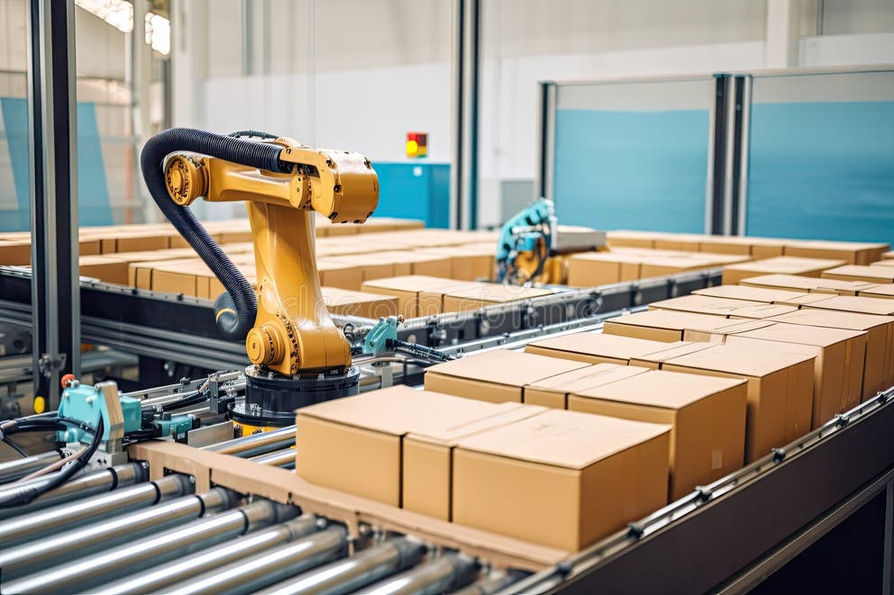 Automated System, with Robots Transporting and Stacking Heavy Boxes with Precision Stock ...