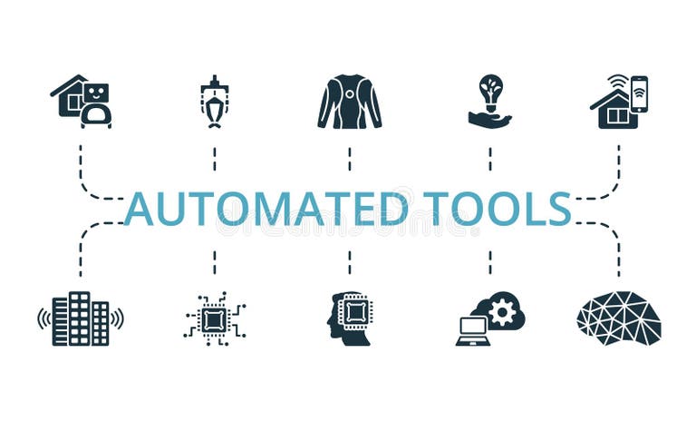 Monochrome Simple Automated Tools Icon Collection Stock Illustrations ...