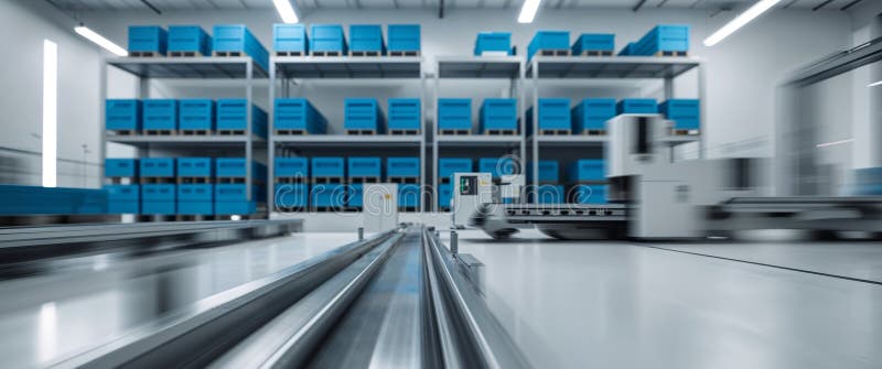 Automated Warehouse with Blue Storage Bins and Machinery Operating in a ...