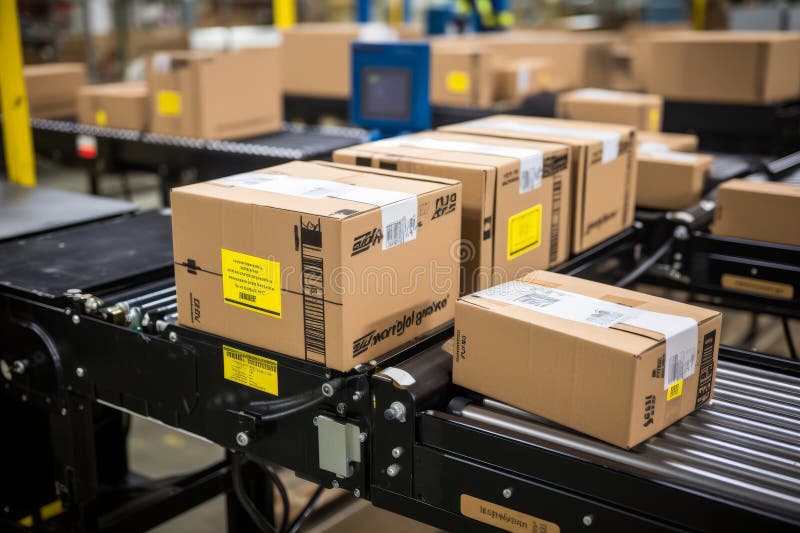 E-commerce Flow: Boxes on Conveyor Belt in Warehouse. Concept Warehouse ...