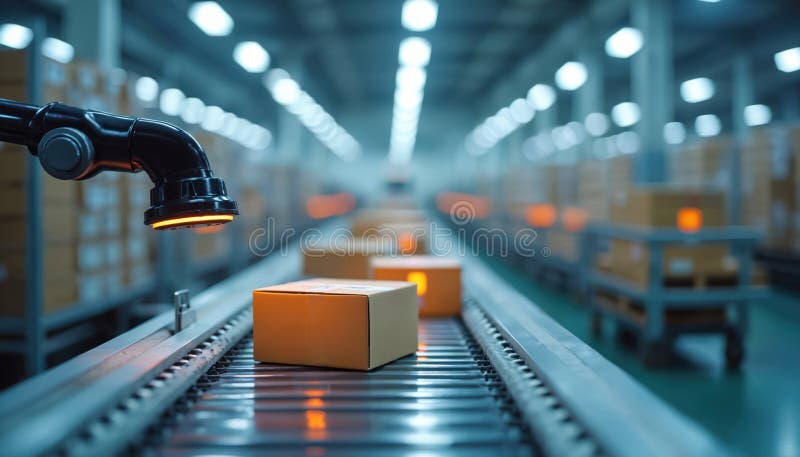 Automated Warehouse Conveyor Belt with Cardboard Boxes. RFID Reader ...