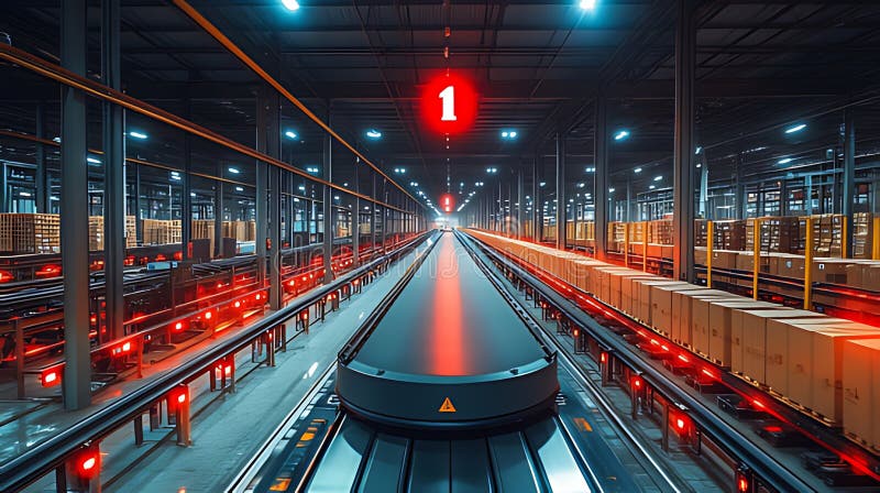 Automated Warehouse Conveyor Belt System, Packages Moving, Nighttime, Logistics Stock ...