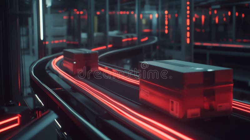 Automated Warehouse Conveyor Glowing Red Lines of Distribution Stock ...