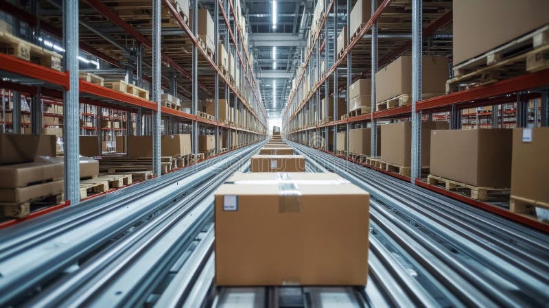 Automated Warehouse Conveyor System with Cardboard Boxes Stock ...