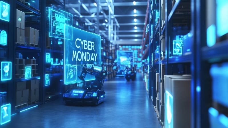Automated Warehouse with a Cyber Monday Sign and a Robot Arm Stock ...