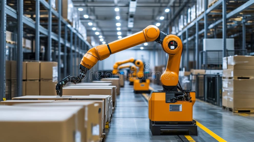 Automated Warehouse Efficiency Robotic Arms Stacking Boxes for Seamless ...