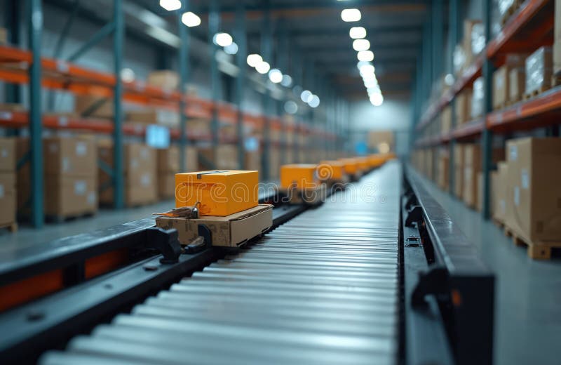 Automated Warehouse Interior Features Conveyor Belt System Moving ...