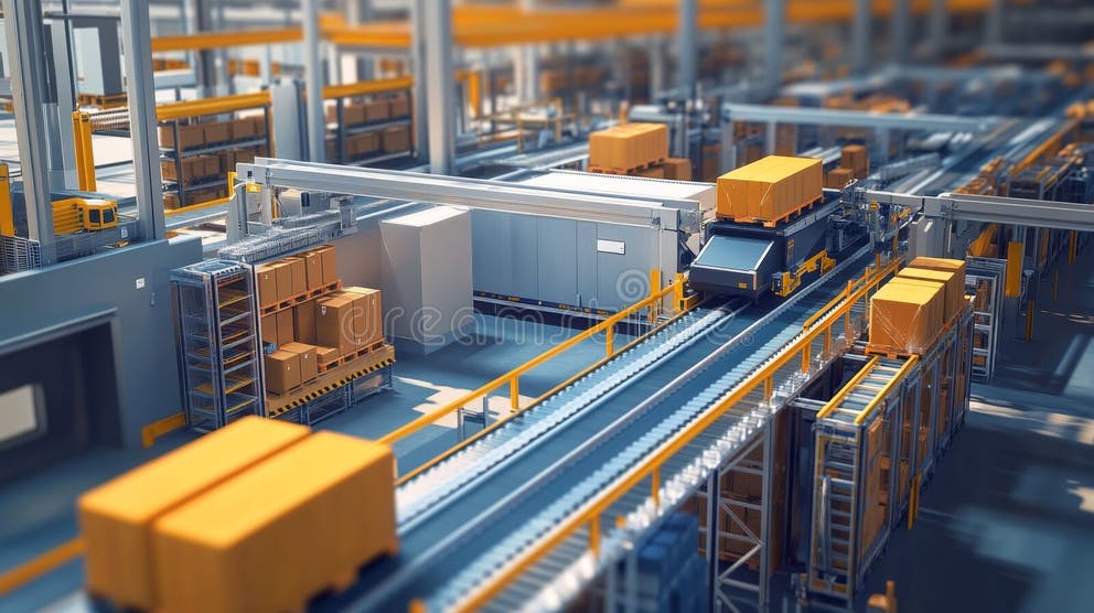 Automated Warehouse Interior with Sorting Systems and Busy Activity ...