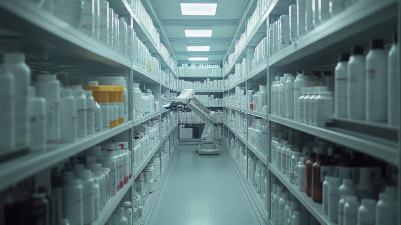 Automated Warehouse Inventory: Rows of White Bottles on Metal Shelves ...